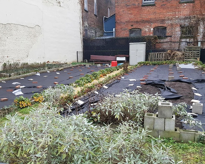 Even institutions need green spaces. This modest garden area likely offered a rare glimpse of nature and seasonal change for those confined within stone walls.