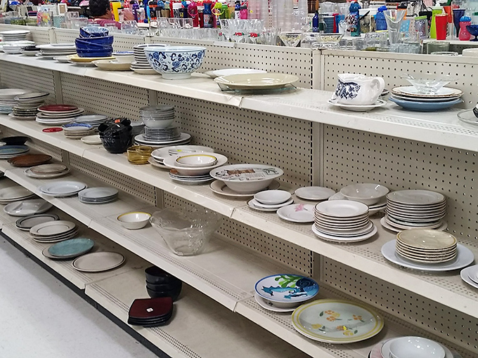 Dish paradise for mismatched charm enthusiasts. That blue and white china might have graced Sunday dinners for decades before landing here.