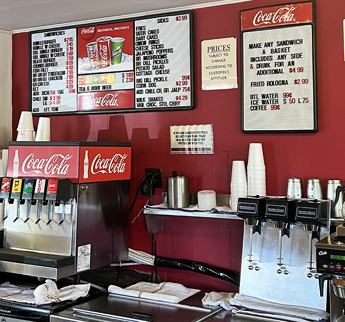 The drink station stands ready for service&mdash;because washing down a perfect burger requires the perfect ratio of ice to soda.