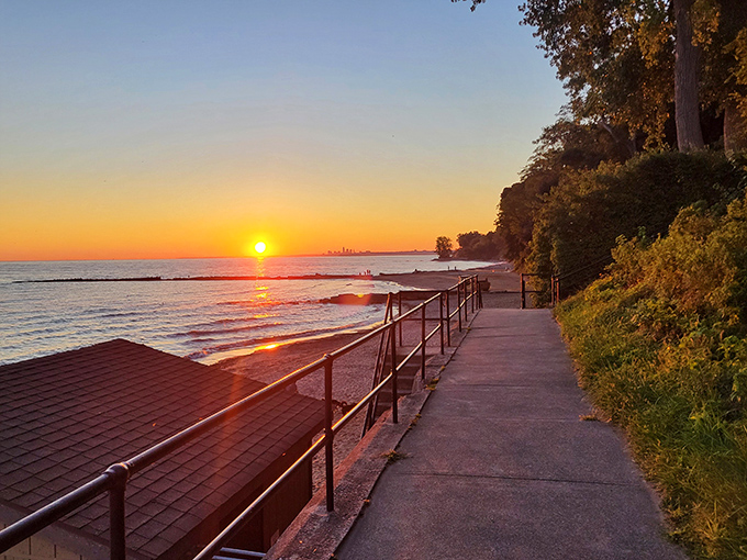 Cleveland's skyline silhouetted against a tangerine sky creates the kind of sunset that makes you forget you're in Ohio, not Maui.
