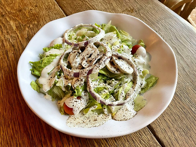 A simple ranch salad that somehow tastes better here &ndash; perhaps it's the dressing, perhaps it's the Texas air.