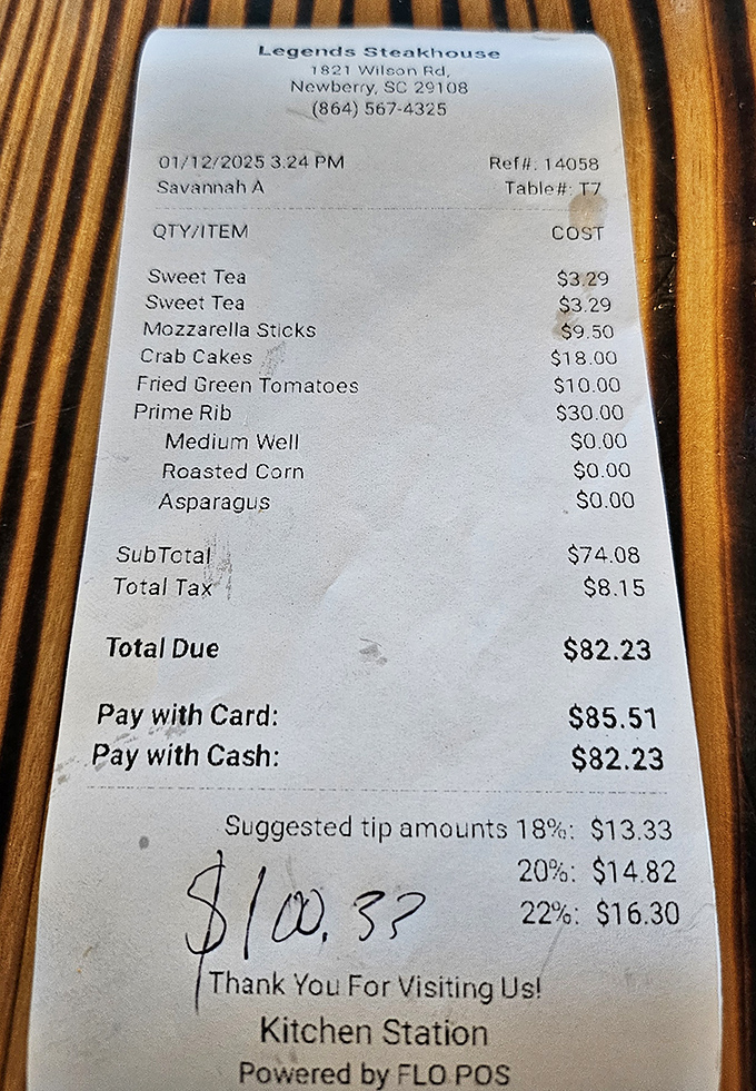 The receipt tells the true story &ndash; prime rib, roasted corn, and sweet tea. A Southern trilogy that explains why everyone's smiling at the next table.