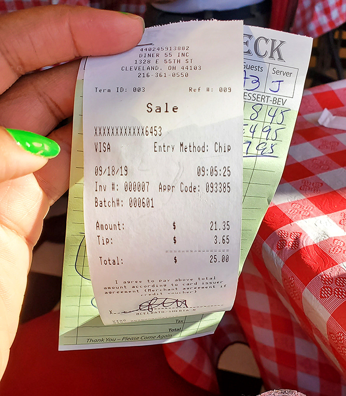 The receipt tells the true story of diner economics: where twenty-five bucks still buys a meal worth writing home about.