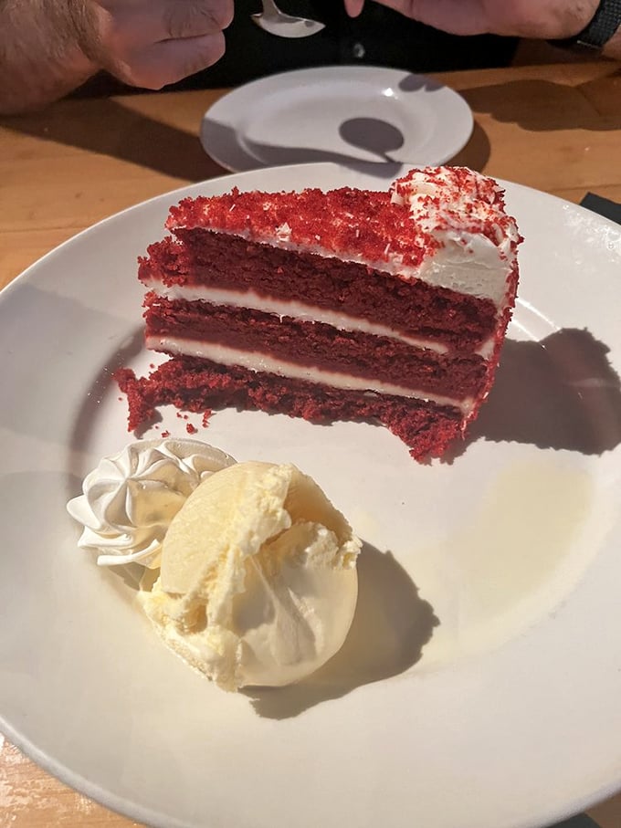 Red velvet cake that's dressed for a night out. Three layers of velvety decadence with cream cheese frosting that hits all the right notes.