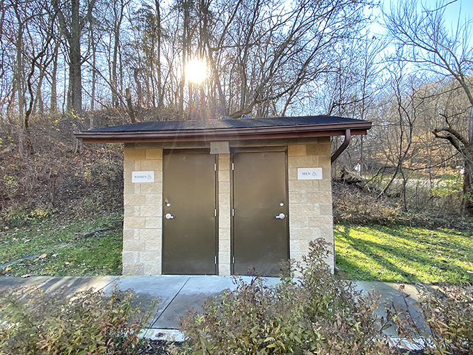 Even the restrooms at Apple River Canyon blend respectfully into the landscape, proving necessary facilities needn't intrude on nature.