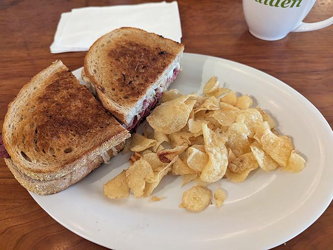 A sandwich cut diagonally (the only civilized way) reveals its inner secrets while potato chips stand by, ready for their supporting role.