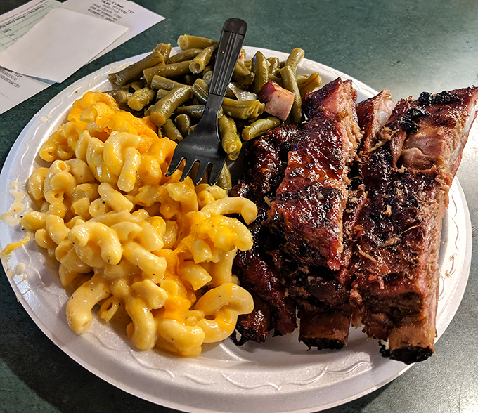 Ribs with the perfect pull&mdash;not falling off the bone (that's overcooked) but surrendering with just the right resistance. The mac and cheese isn't bad either.