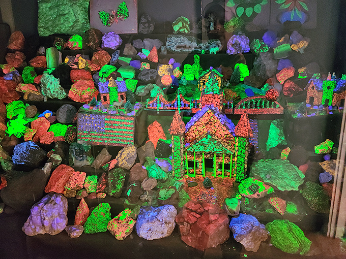 Under ultraviolet light, ordinary rocks reveal their extraordinary secret lives, glowing like neon signs at nature's most psychedelic roadhouse.