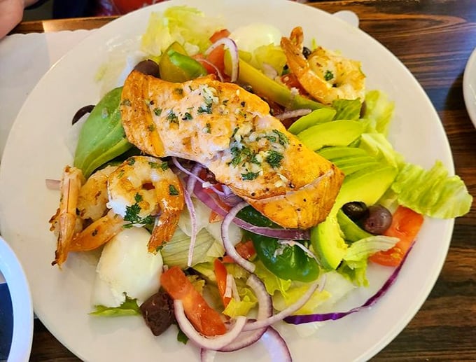 A seafood salad that proves healthy eating doesn't mean sacrificing flavor. Fresh greens, perfectly cooked shrimp, and vibrant vegetables in harmony.