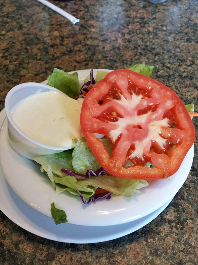 A simple side salad with a slice of tomato so vibrant it looks like it was plucked from the garden this morning.