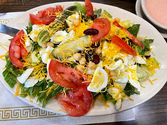 A chef's salad that doesn't apologize for being generous. With eggs, cheese, and fresh vegetables, it's the rare salad that actually satisfies.