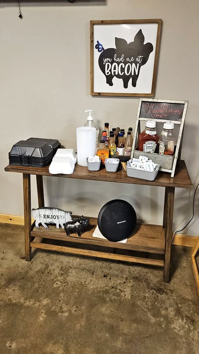 Sauce station armed and ready for customization. That "You Had Me At Bacon" sign speaks a universal truth we all understand in our hearts.