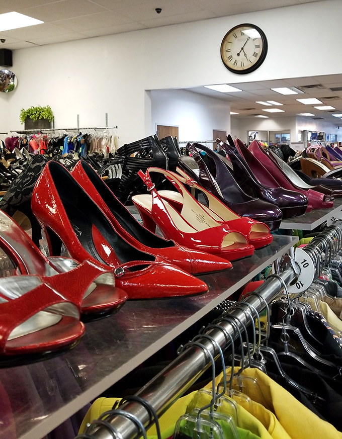 A red shoe parade marches across the display, each pair ready to transform an outfit from "nice" to "well, hello there!"