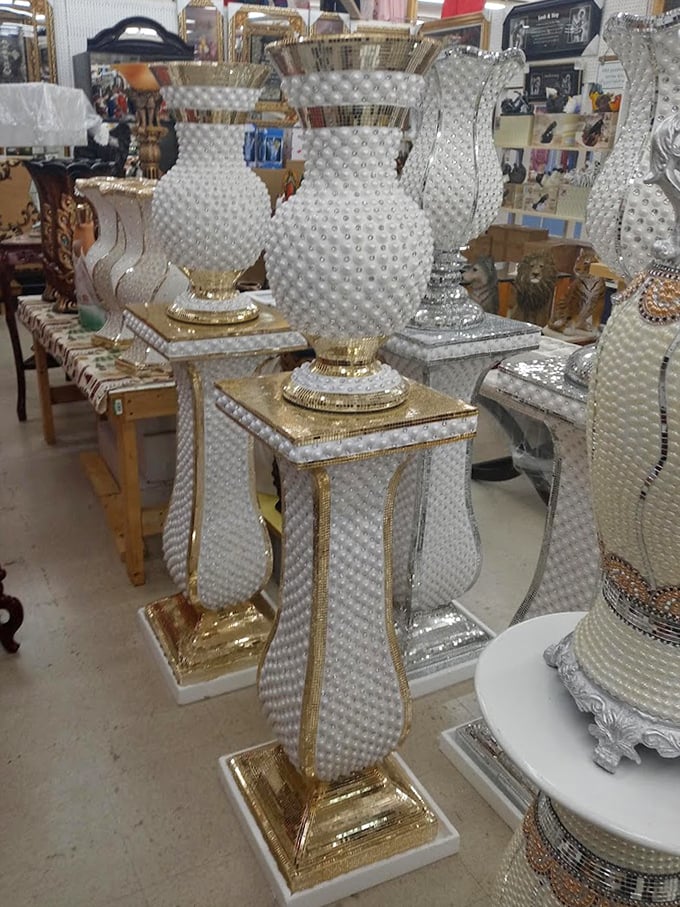 Opulence unexpected! These pearl-studded vases bring Liberace-level glamour to the most unassuming corners of the market.