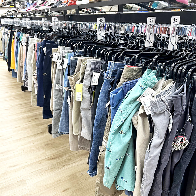 A denim rainbow organized by size&mdash;the thrift store equivalent of finding the pot of gold without having to chase the leprechaun.