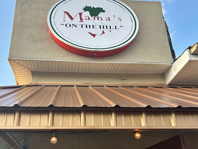 The iconic Mama's On The Hill sign, featuring the outline of Italy, announces you've arrived at St. Louis' temple of toasted ravioli.