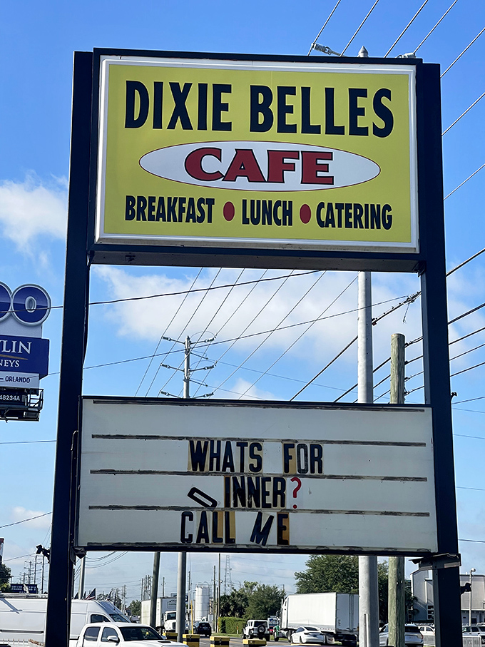 The roadside sign asks "What's for dinner?" but the real question is why aren't you here for breakfast already?