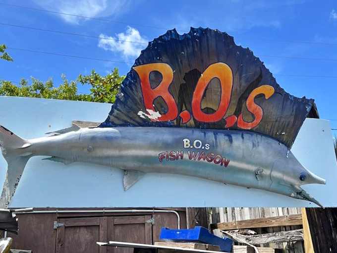 The sign says it all&mdash;part fish, part art, all B.O.'s. This metallic marlin has guided more hungry souls than any lighthouse.