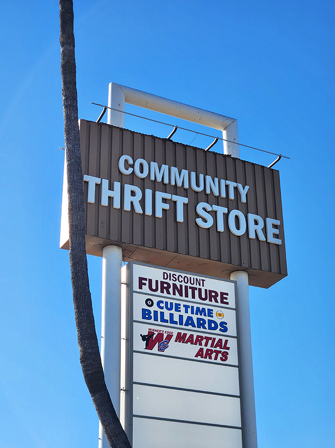 The roadside beacon for bargain hunters, standing tall against the California blue sky.