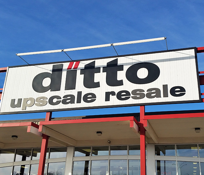 Blue skies frame the distinctive Ditto signage. The red structural elements pop against the white background &ndash; a beacon for bargain hunters.