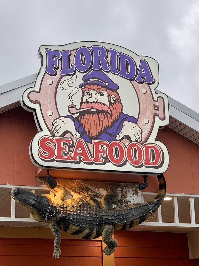 The restaurant's mascot&mdash;a bearded sea captain with a pipe&mdash;watches over an alligator guardian. Only in Florida could this combination seem perfectly logical.