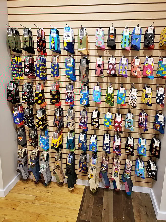 The sock wall: where personality goes to party. Because life's too short for boring feet, especially at these prices.