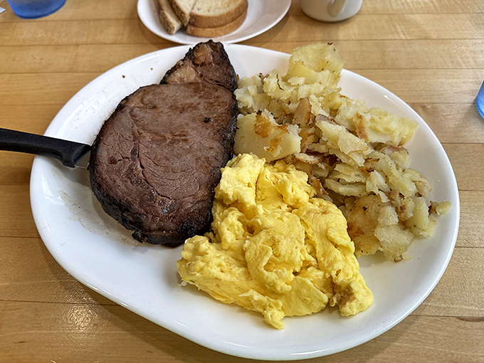 The classic steak and eggs&mdash;proof that breakfast can be a serious affair when you need protein to fuel a Michigan-sized day ahead.