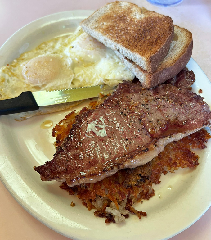 Steak and eggs with hash browns crispy enough to make you forget about your cholesterol numbers for one glorious morning. Your doctor doesn't need to know.