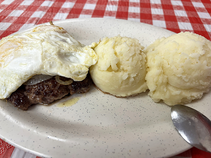 Steak and eggs &ndash; breakfast's power couple. Two scoops of mashed potatoes on the side because sometimes more is exactly enough.