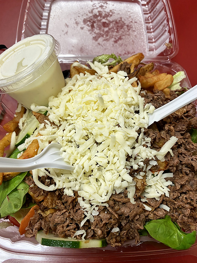 A steak salad that makes eating greens feel like cheating the system. "Yes, it's a salad," you'll say, as cheese blankets seasoned meat.