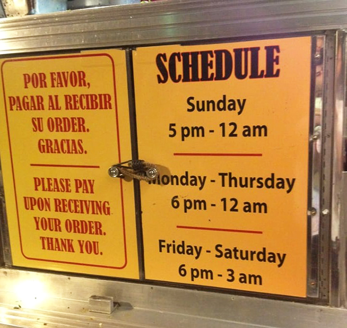 The hours posted tell a story of late-night cravings satisfied—because the best tacos taste even better after midnight.