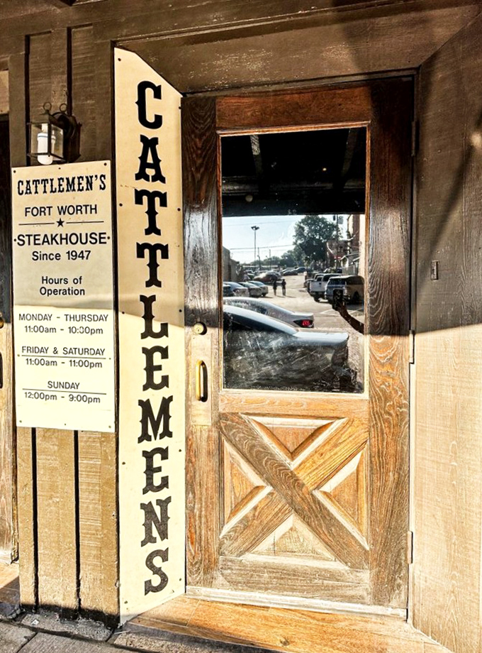 The hours posted like a friendly invitation: "Come hungry, leave happy." The wooden door has welcomed generations of beef enthusiasts.