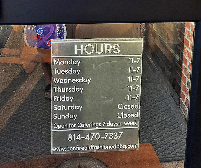 Hours posted clearly – crucial information for planning your barbecue pilgrimages throughout the week.