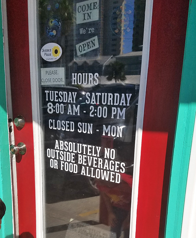 The hours sign that crushes weekend brunch dreams but ensures weekday breakfast bliss. Tuesday through Saturday, 8-2, plan accordingly!