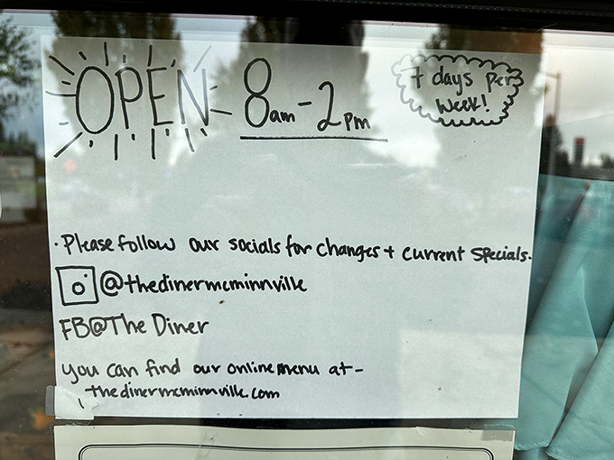 Open 8am-2pm, 7 days per week might be the most beautiful poetry ever written on a whiteboard. Breakfast democracy at its finest.