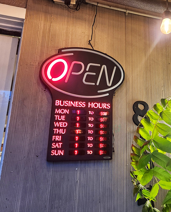 Hours generous enough to satisfy both early birds and night owls. The sign might as well say "Open when you're hungry."