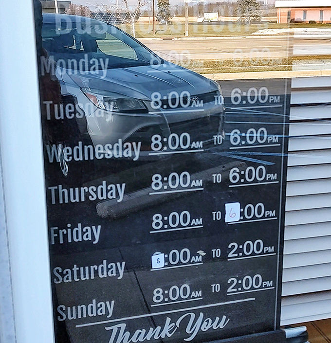 The hours posted clearly&mdash;because when you serve food this good, people need to know exactly when they can get their fix. The "Thank You" isn't just polite; it's heartfelt.