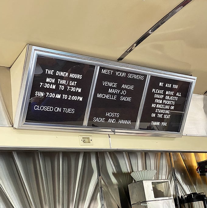 The letterboard menu board introduces you to your servers by name and politely reminds patrons of house rules &ndash; a touch of small-town charm.