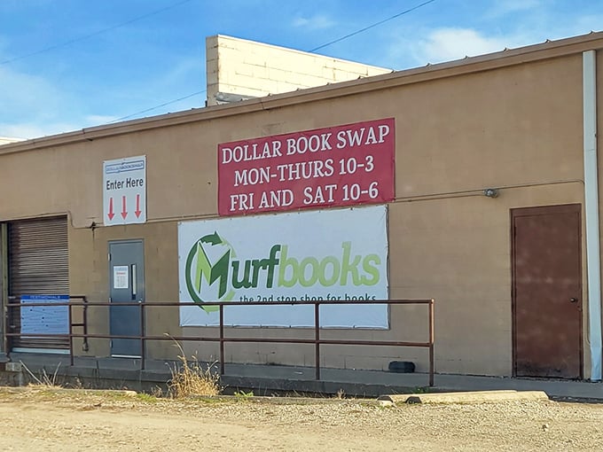 The desert oasis for book lovers announces itself with no-frills signage. Like a literary speakeasy, those in the know recognize this beige building as the gateway to affordable adventures.