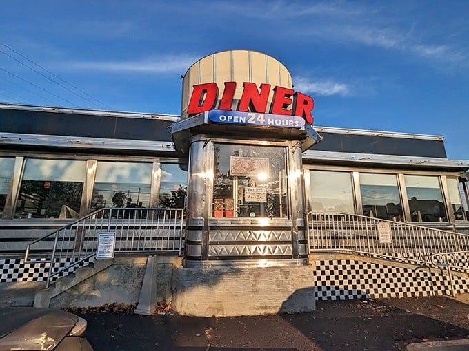 OPEN 24 HOURS might be the three most beautiful words in the English language when you're hungry at 3 AM. The silver exterior gleams like a beacon.