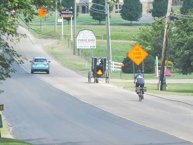 Three forms of transportation sharing one road&mdash;a car, a buggy, and a bicycle. The perfect metaphor for how different paces of life coexist in Amish country.