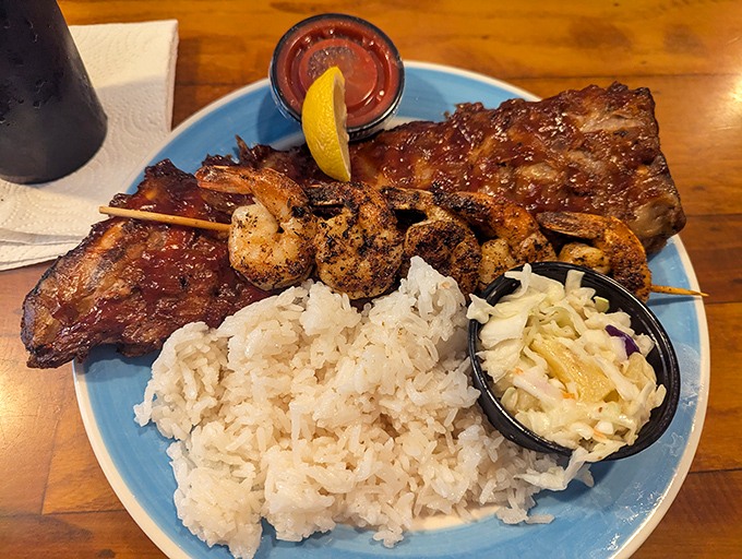 The surf and turf plate that settles all family arguments: "Yes, you can have it all," says this plate of ribs and seafood.