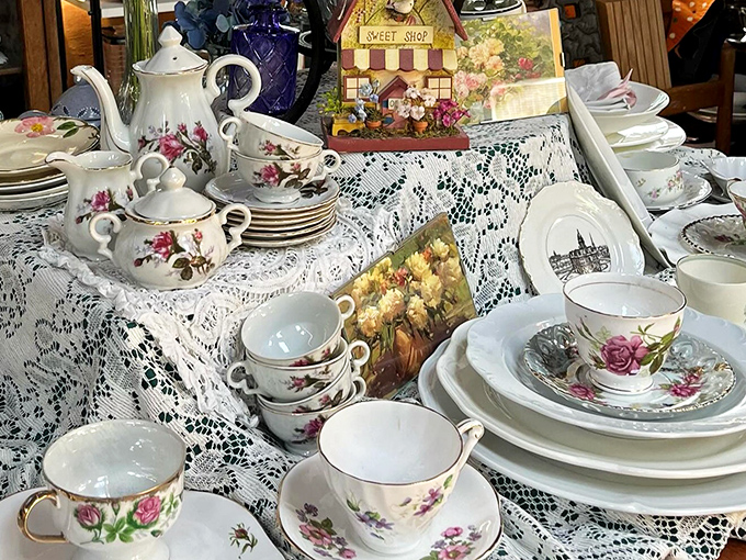Delicate teacups and saucers arranged on lace, awaiting their next gathering of friends. Downton Abbey elegance without the aristocratic price tag.