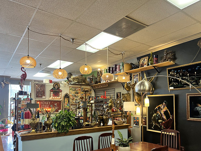 Pendant lights that look like they were plucked from a 1960s tiki bar, illuminating treasures below with a warm, nostalgic glow.