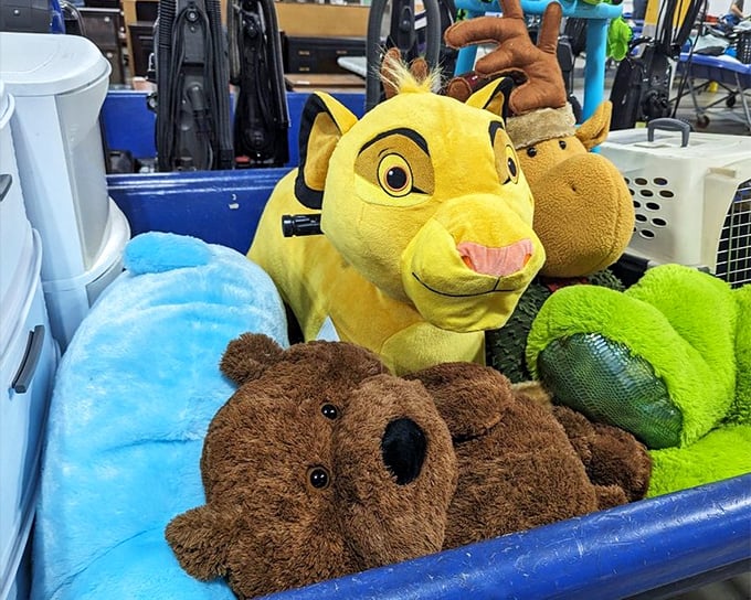 Stuffed animal reunion! Simba and friends patiently waiting for their next adventure with a child who'll love them anew.