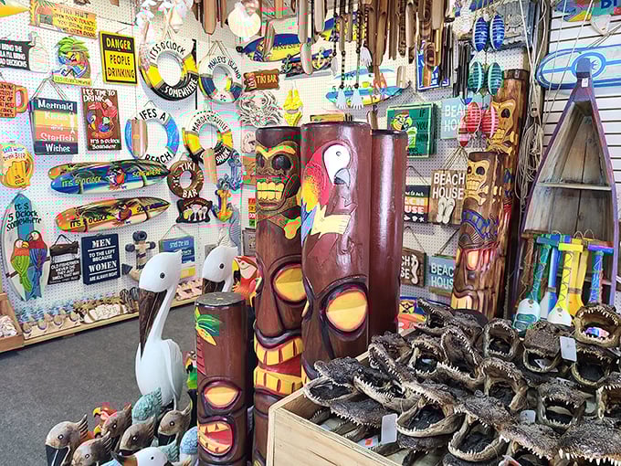 Beach-themed decor that brings coastal vibes to any home. Those tiki statues are practically begging to host your next backyard luau.