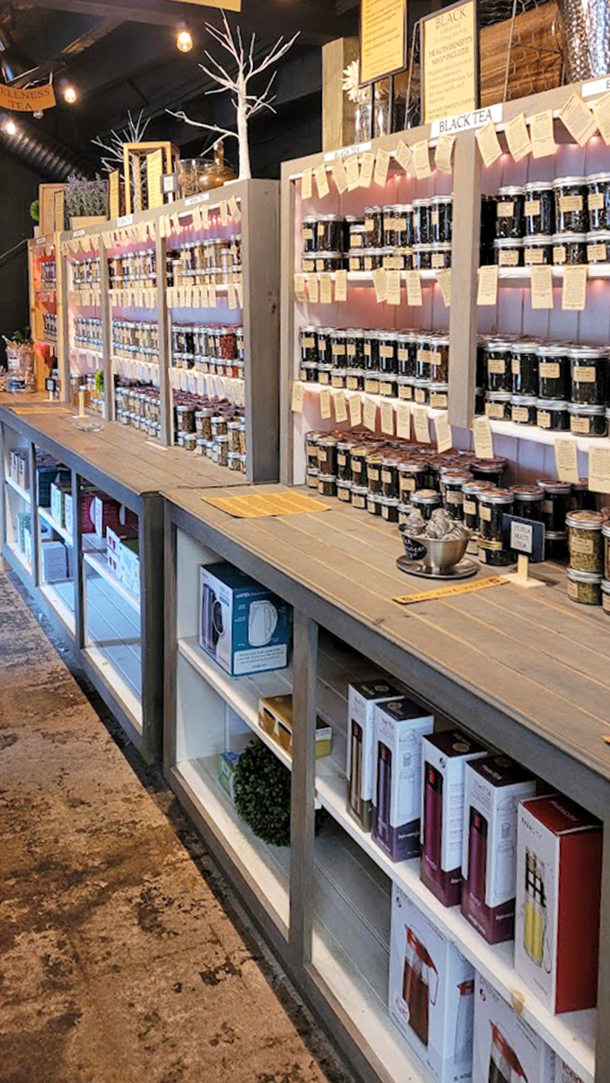 Tea lovers, rejoice! This meticulously organized display offers leaves and blends for every mood and season.