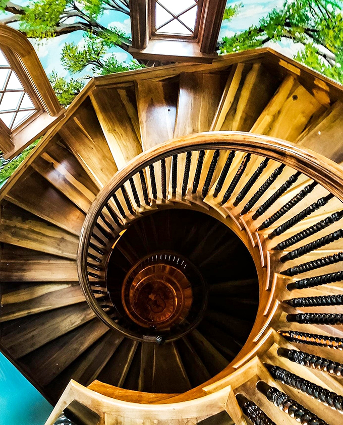 Gazing down this wooden spiral staircase might induce vertigo, but the craftsmanship will leave you dizzy with appreciation for architectural artistry.