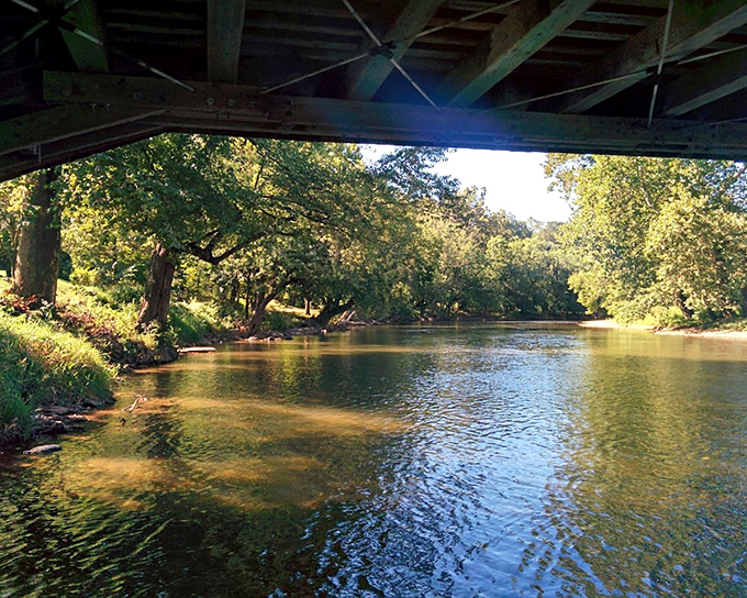 Sunlight streams under the bridge, creating the kind of reflection that makes photographers weep with joy.