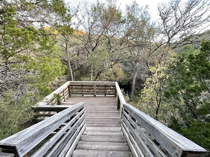 The stairway to heaven is actually this wooden observation deck, offering front-row seats to Texas Hill Country's greatest hits.